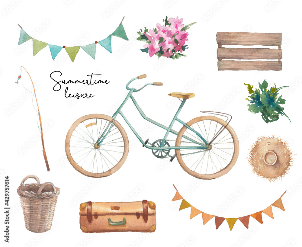 Watercolor bike ride elements set. Objects isolated on white background ...