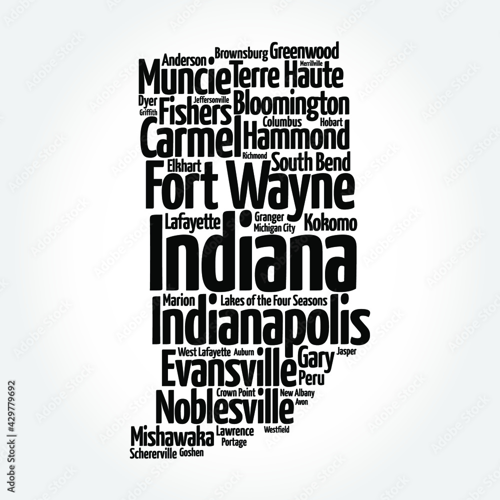 Vector de Stock List of cities in Indiana USA state, map silhouette ...