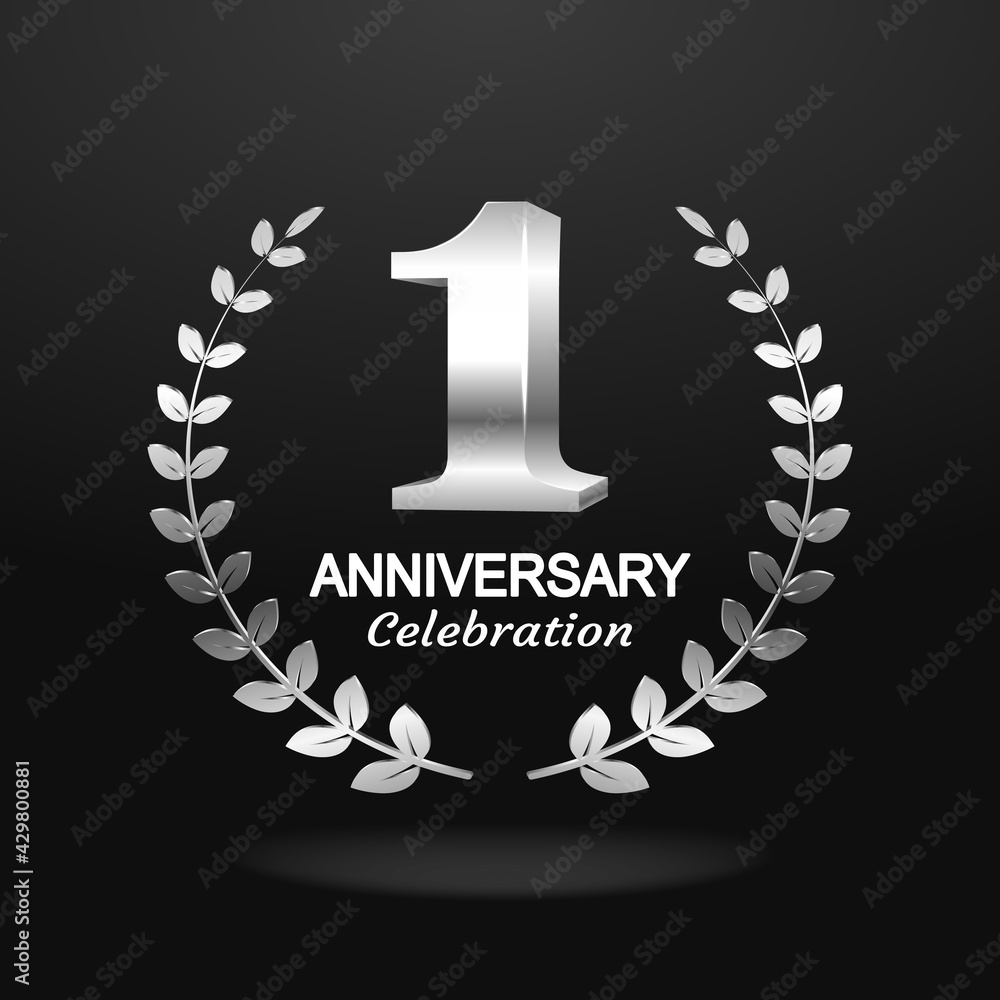 1st anniversary logo with blue ribbon and laurel wreath, template for ...