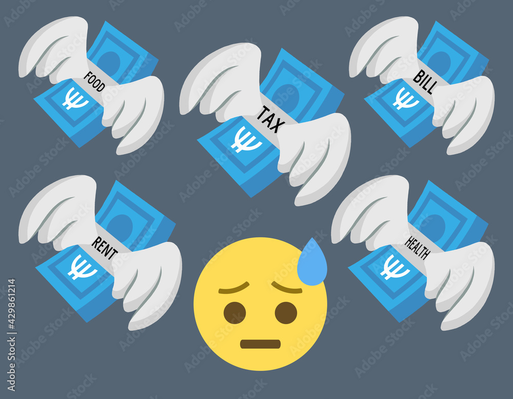 cold sweat face emoji and flying euro money with text, tax,bill,health ...