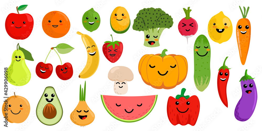 Cute fruits and vegetables. Kawaii vegetable fruit character cartoon ...