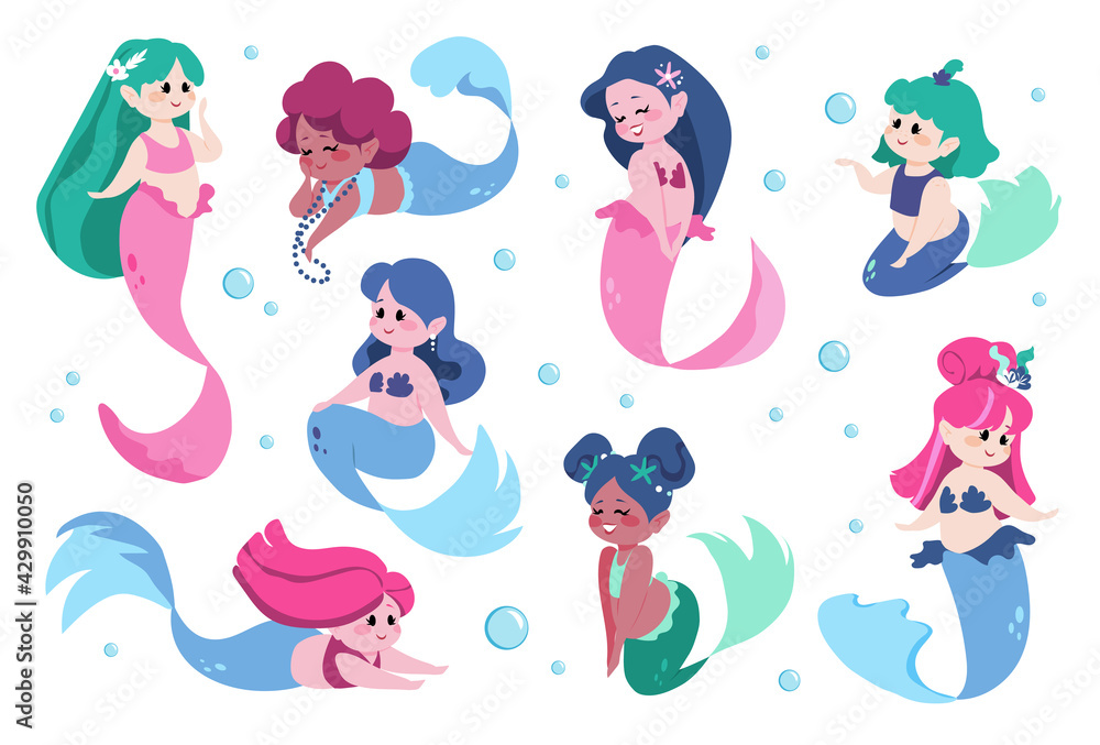 Cute mermaid. Cartoon sea princess with fish tail. Happy marine girl ...