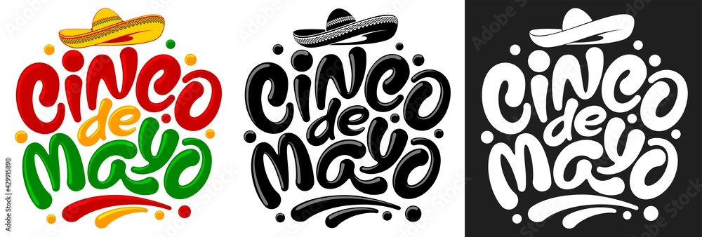 Set of Cinco de Mayo graphic letterings. Unusual hand drawn calligraphy ...