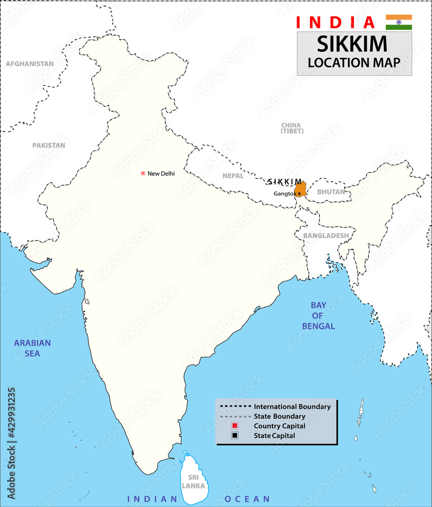 Sikkim map. Highlight Sikkim map on India map with a boundary line ...
