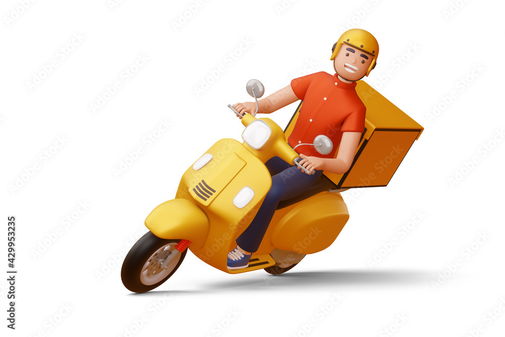 Delivery man riding a motorcycle with delivery box, 3d rendering. Stock ...