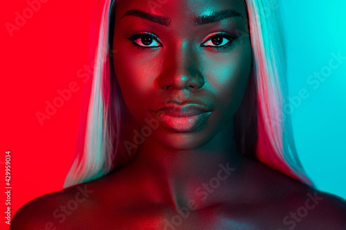 Portrait of young stunning calm peaceful gorgeous woman wear no clothes ...