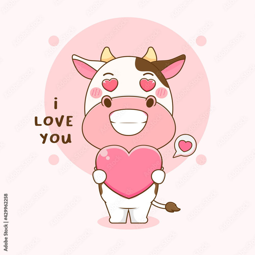cartoon illustration of cute cow character holding love Stock Vector ...