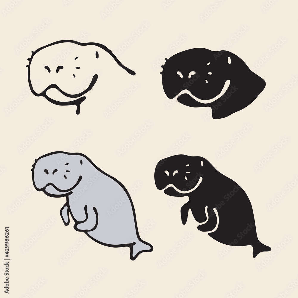 Dugong character . Vector hand drawn Manatee or Sea Cow maskot set ...