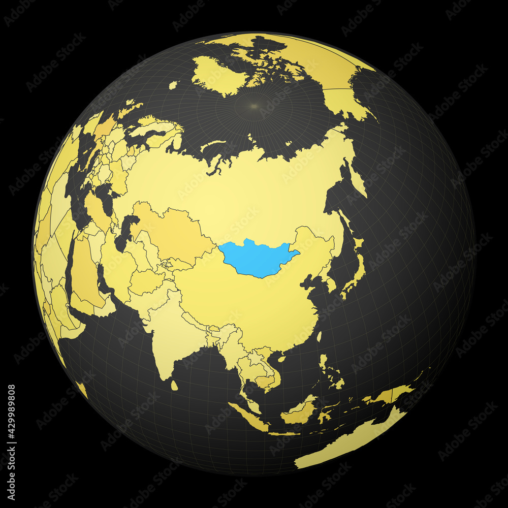 Mongolia on a dark globe with a yellow world map. The country is ...