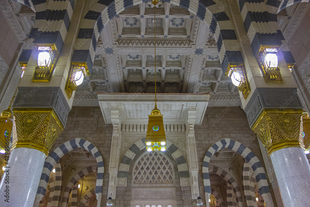 Charming Interior designs of Masjid al Nabawi at Madinah Stock Photo ...