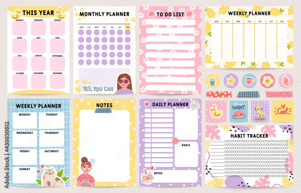 Planner notebook. Decorated daily, monthly and weekly plan template. To ...