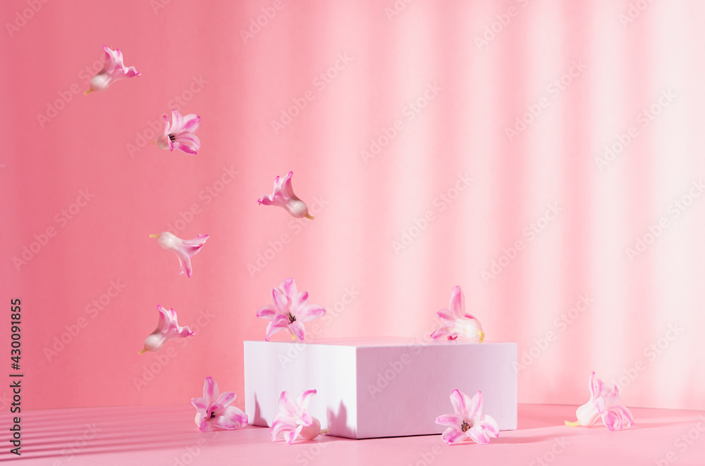 Bright spring mock up for cosmetic and product display with three white ...