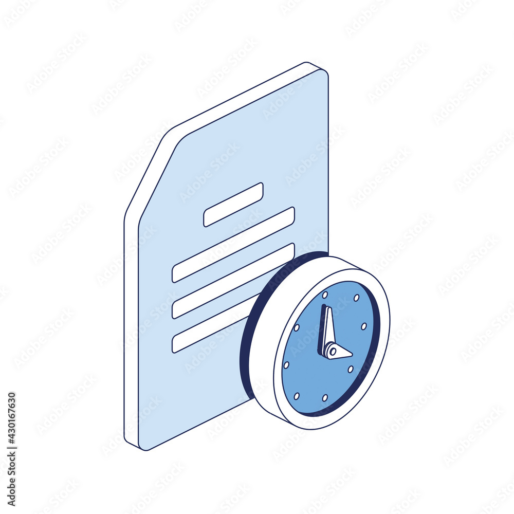 Document time clock. Vector 3d line isometric, web icons, blue color ...