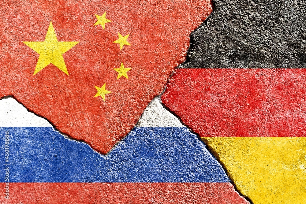 Grunge China VS Germany VS Russia national flags icon pattern isolated ...