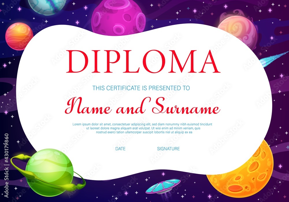 Diploma for kids with cartoon space planets, vector education ...
