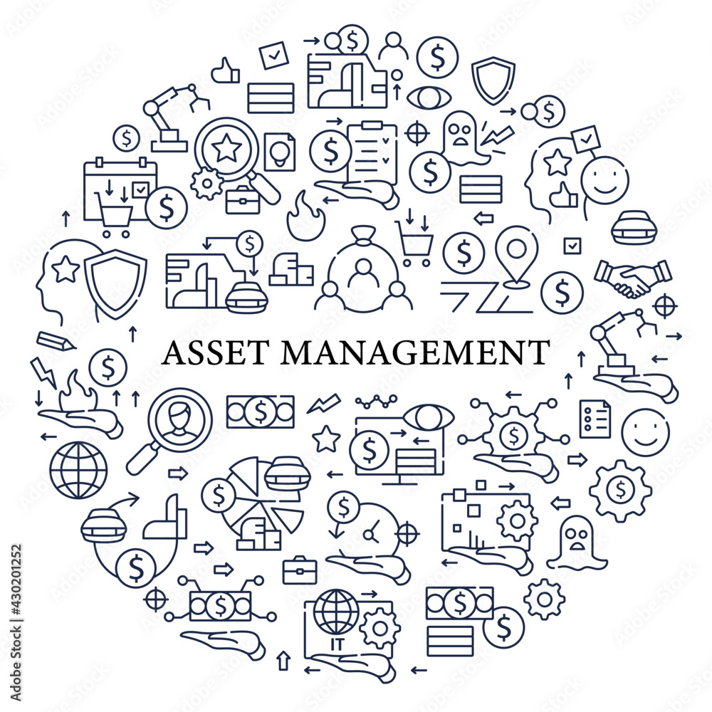 Asset management circle poster. Financial resources. Monitoring ...