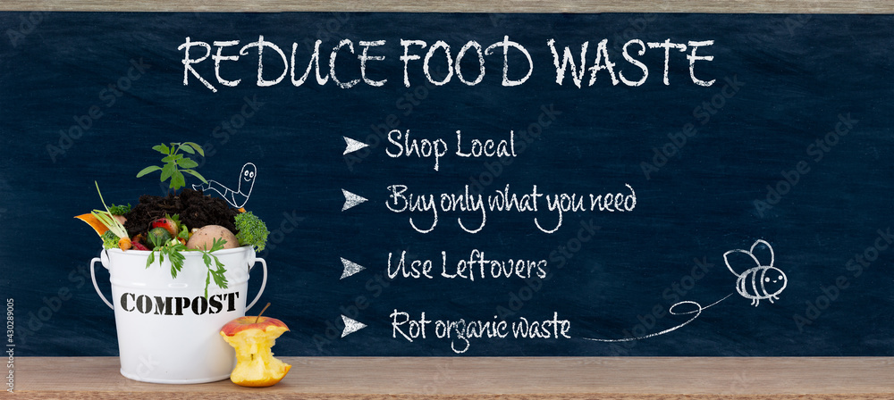 Reduce food waste text, ways to stop food waste listed on chalk board ...