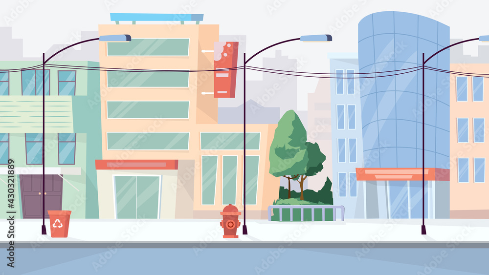 City street view, banner in flat cartoon design. Cityscape with ...