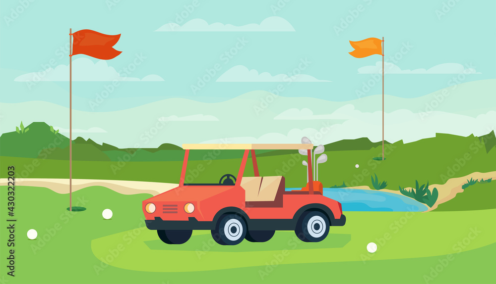 Golf game view, banner in flat cartoon design. Golf course, holes with ...