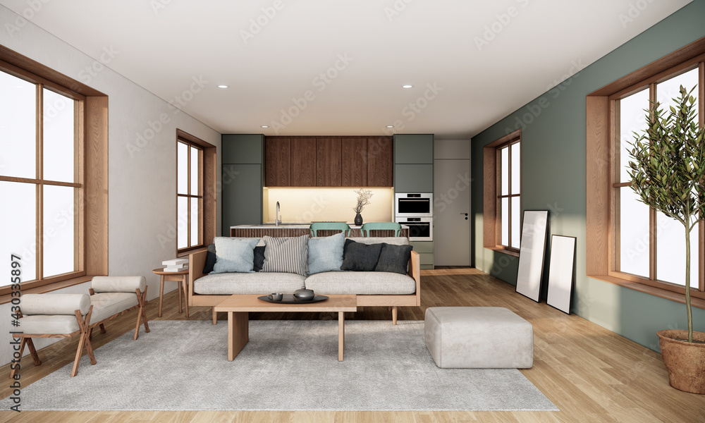 interior design of Japandi style room with wooden furniture. 3d ...