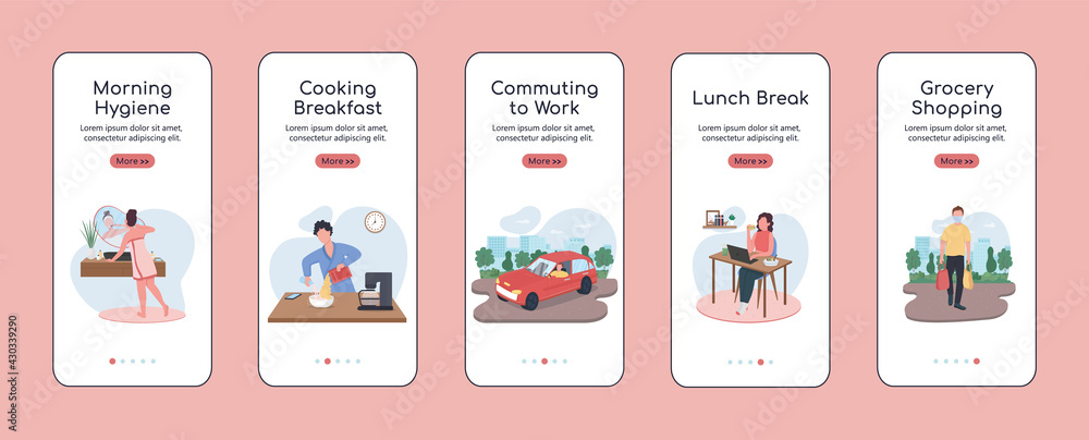 Daily routine onboarding mobile app screen flat vector template ...