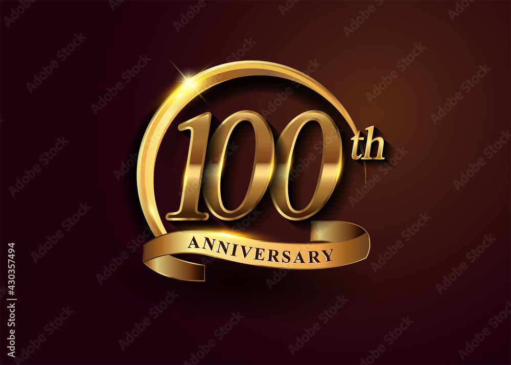 100th golden anniversary logo with gold ring and golden ribbon, vector ...