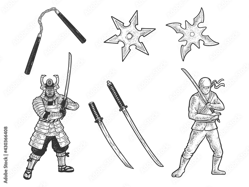 Japanese ninja set sketch engraving vector illustration. T-shirt ...