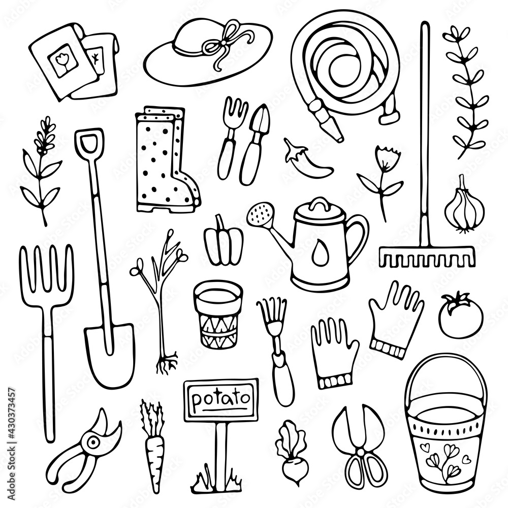 Doodle garden set, tools, and elements. Black and white vector ...