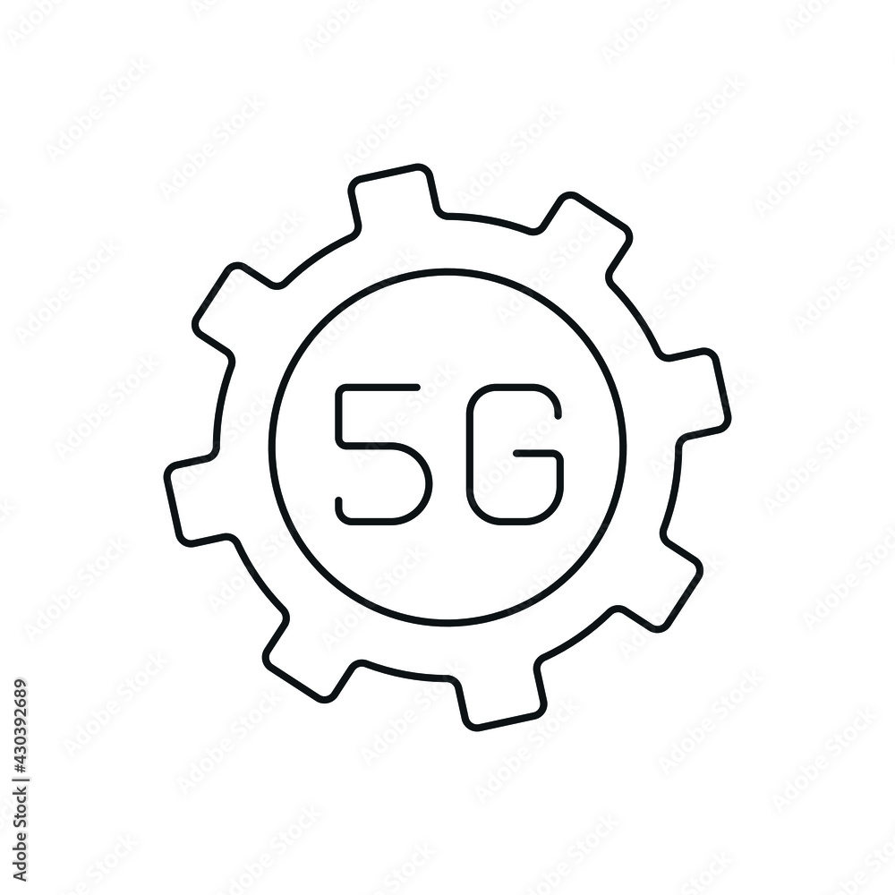 5g connection with gear linear icon. High speed internet. Thin line ...