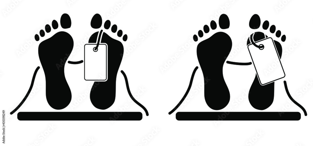 Feet with death tag. Human footprint. Death label. Body man or woman in ...