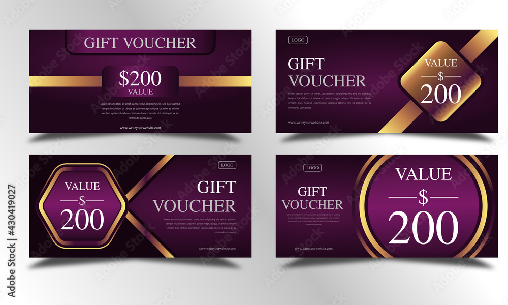 set of luxury purple and gold gift voucher templates, coupon designs ...