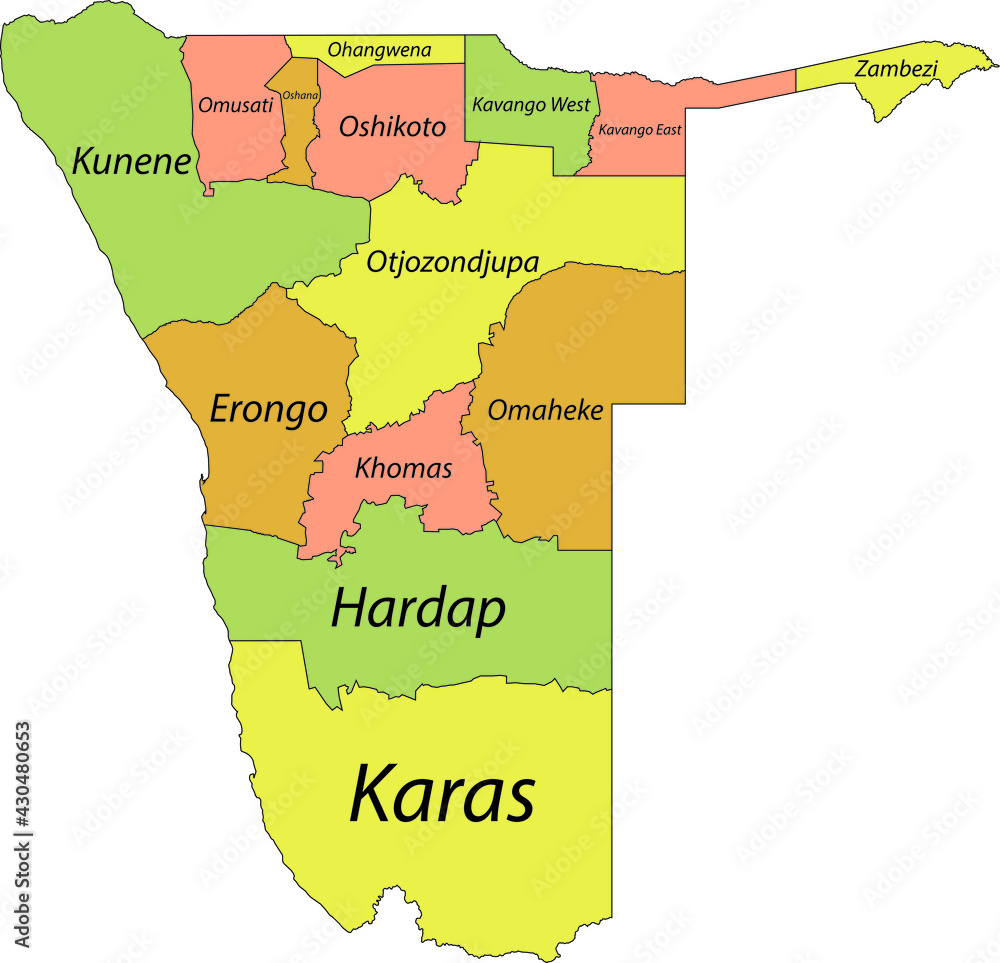 Pastel vector map of the Republic of Namibia with black borders and ...