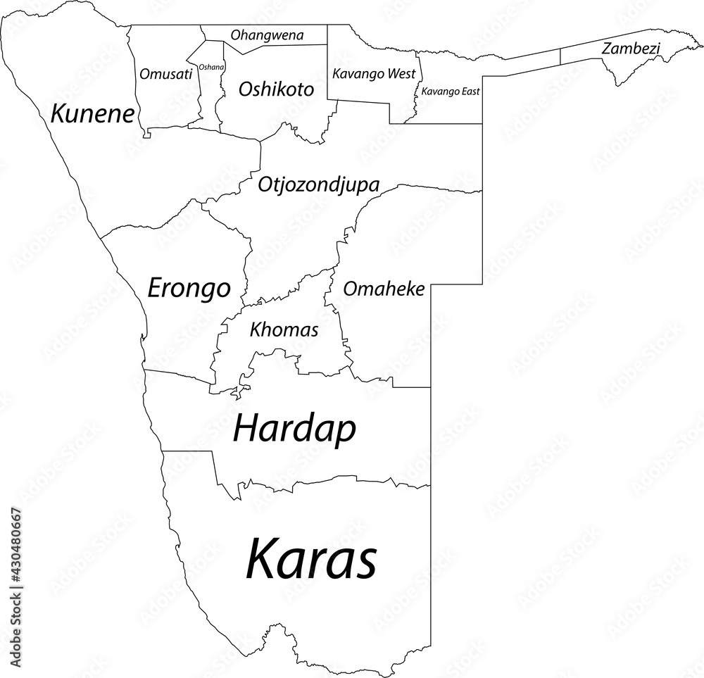 White vector map of the Republic of Namibia with black borders and ...