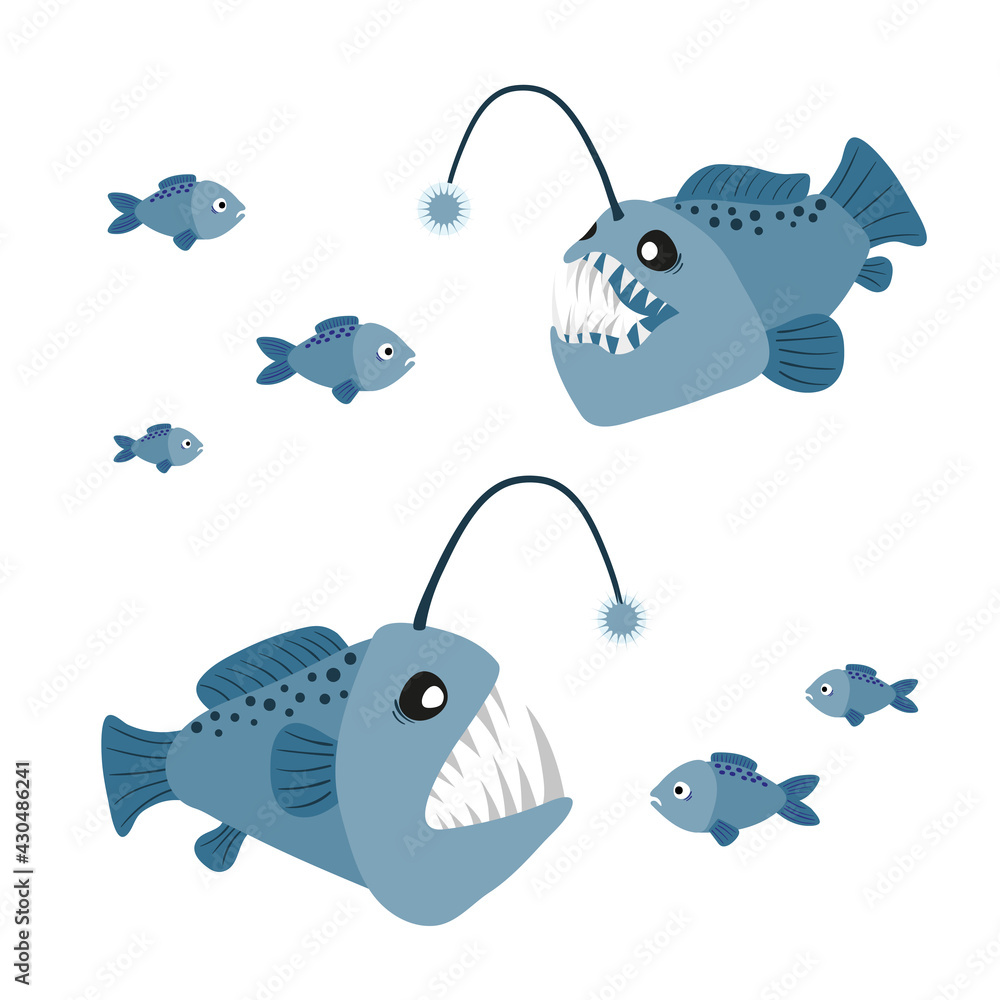 Cartoon angler fish set. Vector illustration of anglerfish characters ...