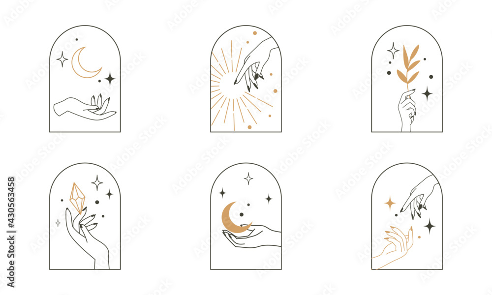 Hand logo design collection with crescent moon, leaf, and crystal ...