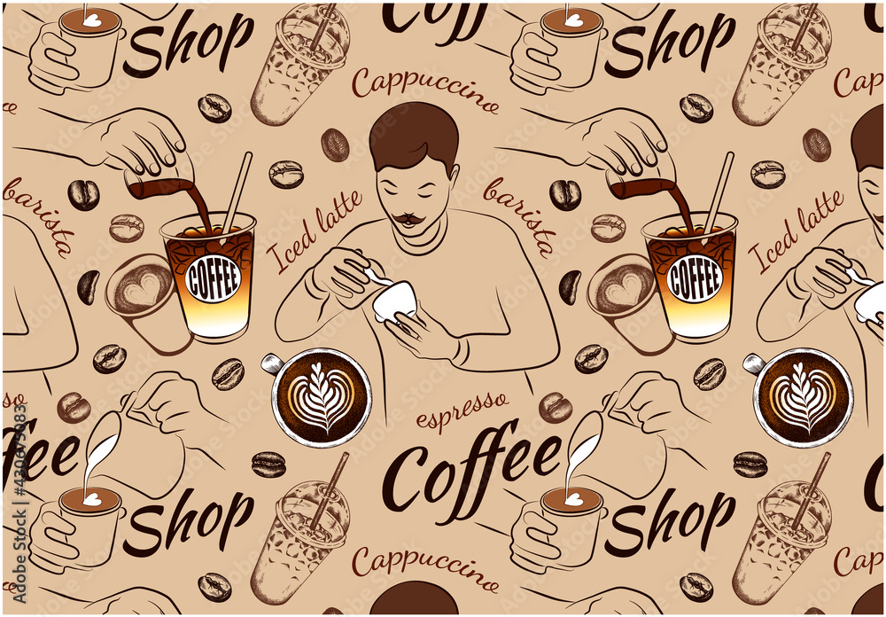 Line art pattern coffee shop, Sketch drawing drinks, cup of cappuccino ...