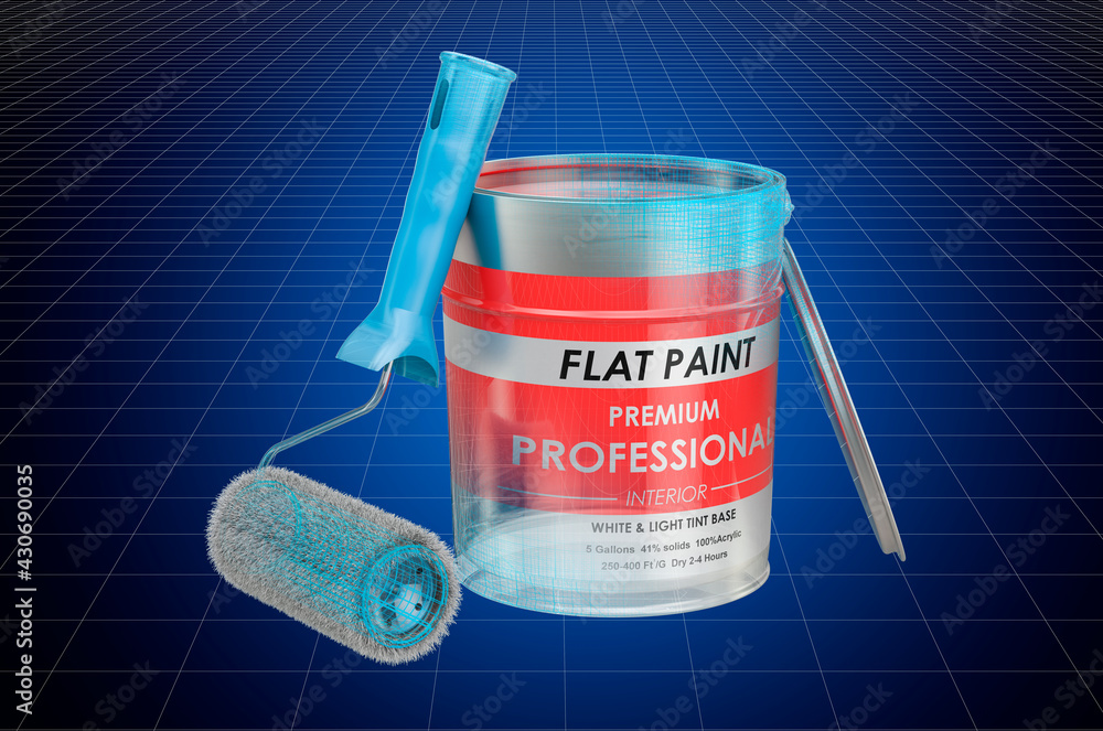 Visualization 3d cad model of paint can and roller brush, blueprint. 3D ...