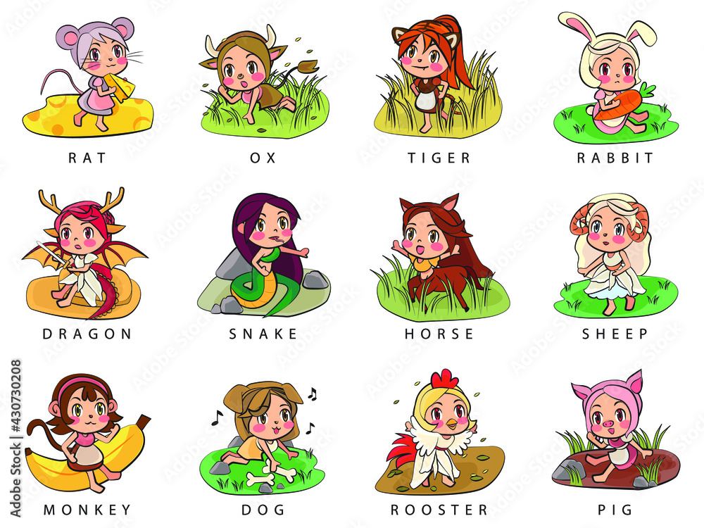 12 shio, chinese zodiac, lunar new year cartoon, vector illustration ...