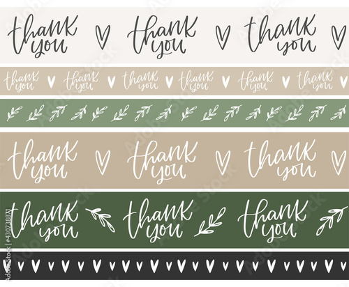 Thank you calligraphy seamless border set with hearts and leaves. Washi ...