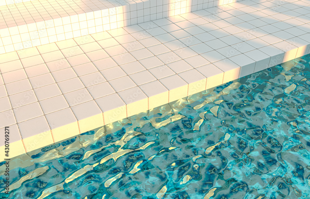 Summer pool scene background with white tiles stairs. 3d rendering ...