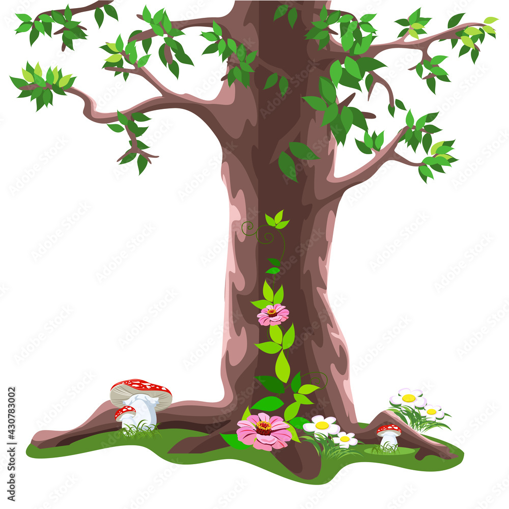 Vector fairy tale big tree in cartoon style isolated on white ...