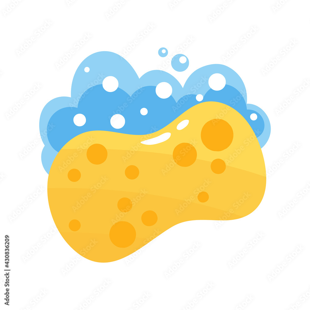 Cute yellow sponge with bubbles and foam isolated on white background ...
