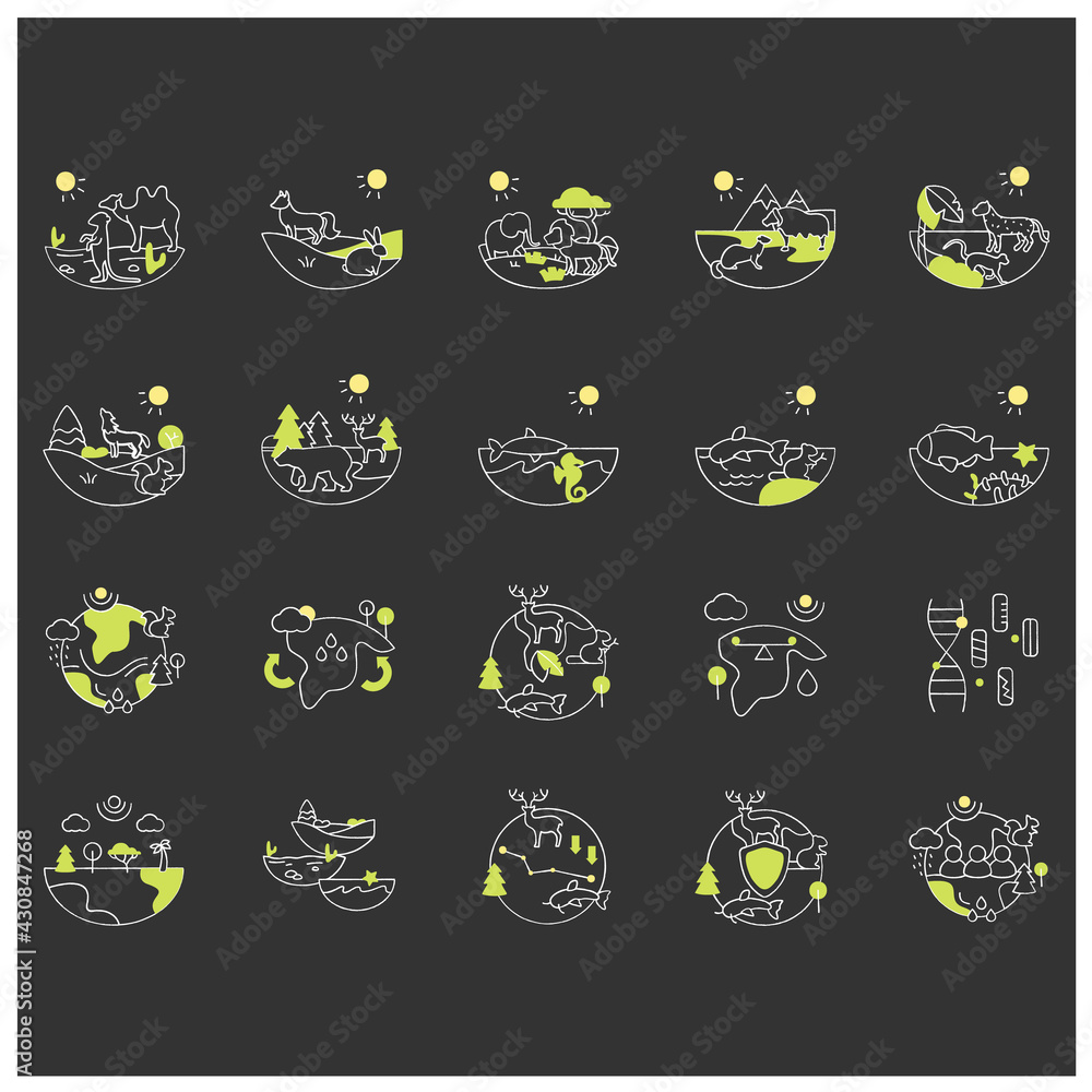 Biodiversity chalk icons set. Consists of desert, grassland, tundra ...