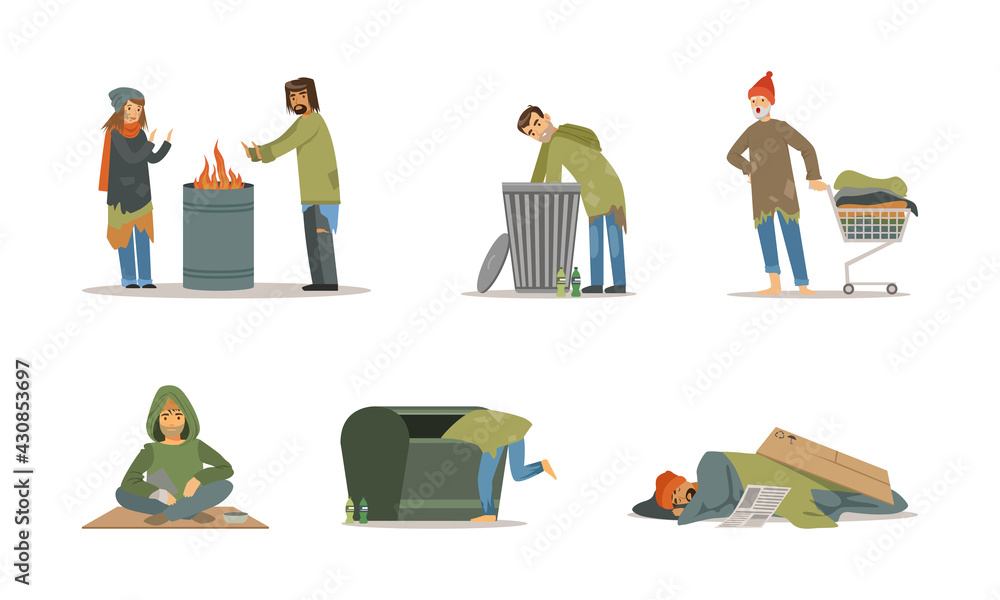 Homeless People Characters Living on the Streets Looking Hungry and ...