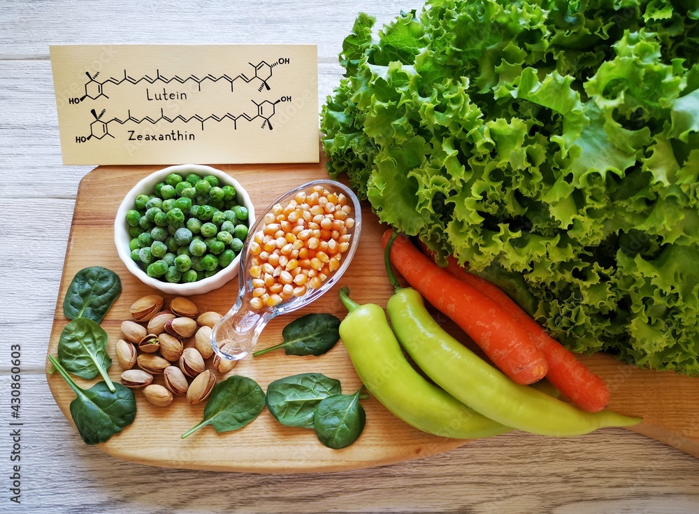 Foods rich in lutein and zeaxanthin with structural chemical formulas ...