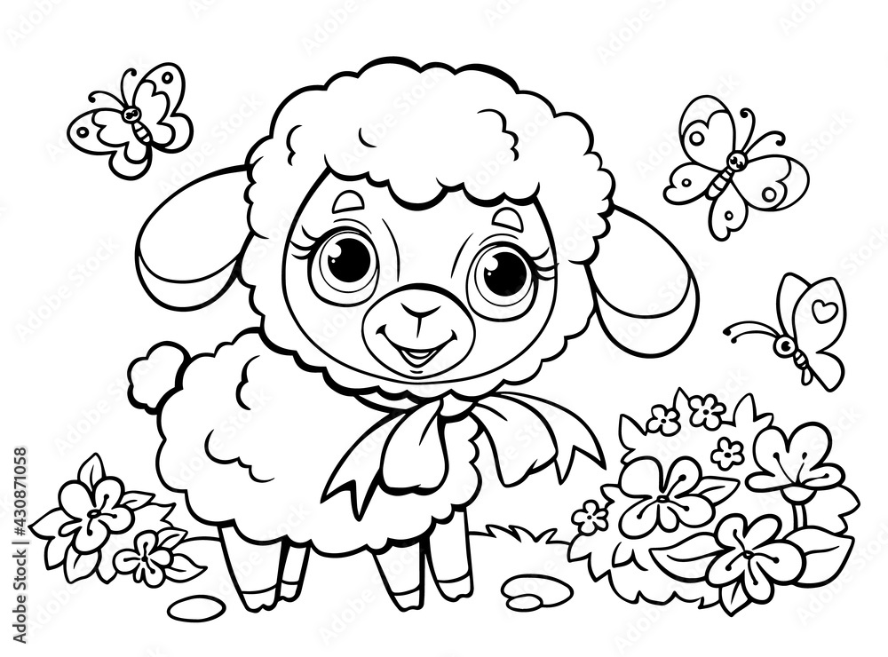 Coloring book for children. Cute little lamb surrounded by butterflies ...