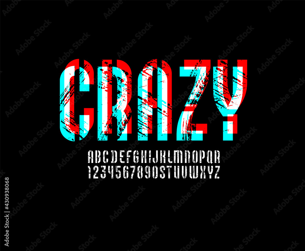Stencil crazy font, condensed bright alphabet, letters and numbers ...