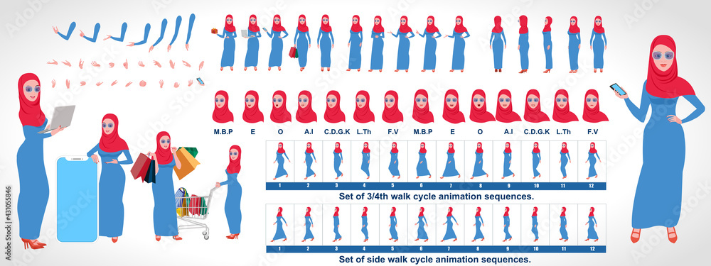 Islamic Girl Character Design Model Sheet with walk cycle animation ...