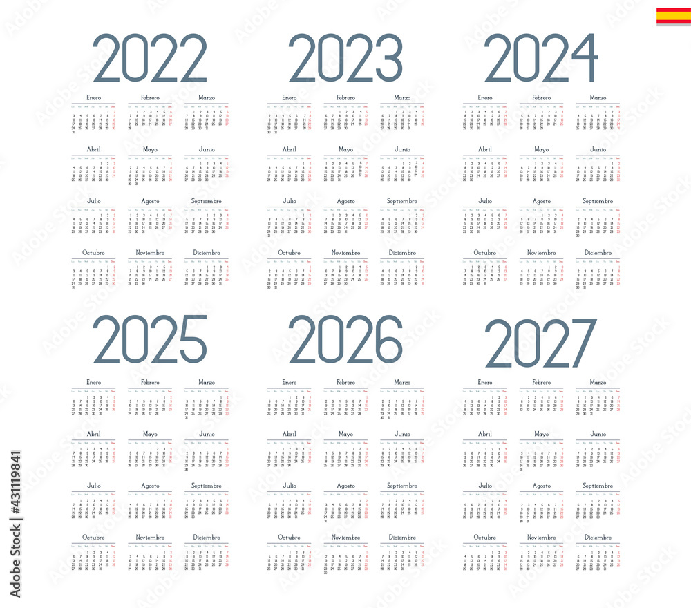 Spanish calendar 2022, 2023, 2024, 2025, 2026, 2027 on white background ...