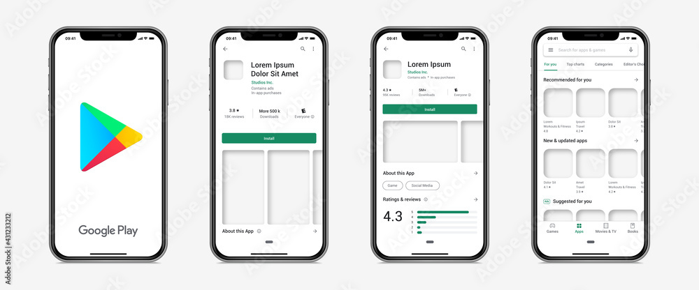 Google Play Store app template on smartphone device. Isolated Google ...